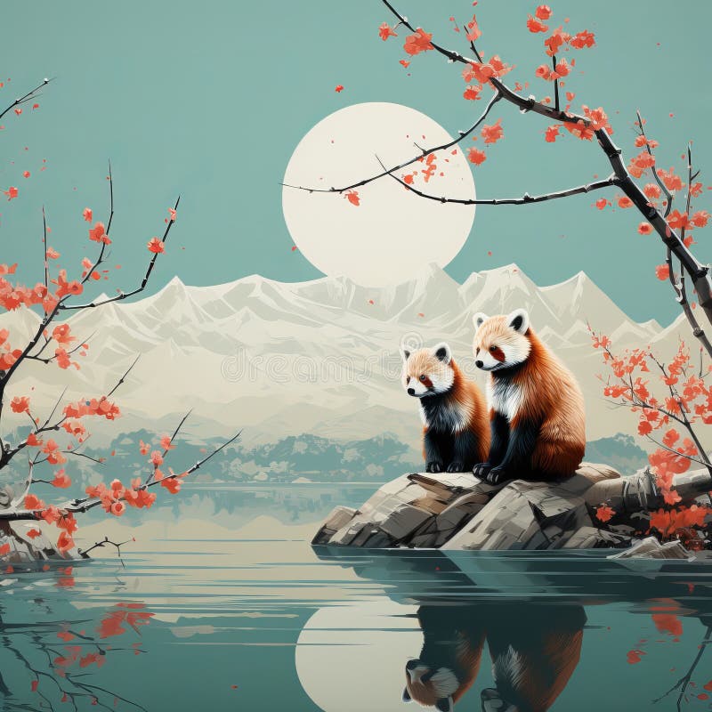 Red Panda on the Background of the Moon, Illustration with Copy Space ...