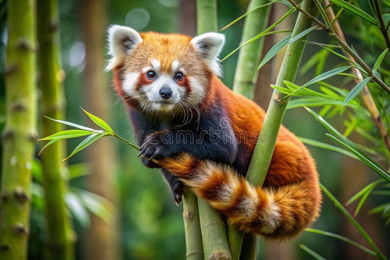 Red Panda on Bamboo Tree in Lush Forest Stock Illustration ...
