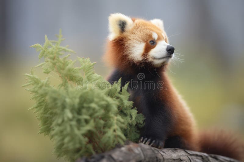 Red Panda with Bushy Tail Curled in Acacia Stock Image - Image of ...