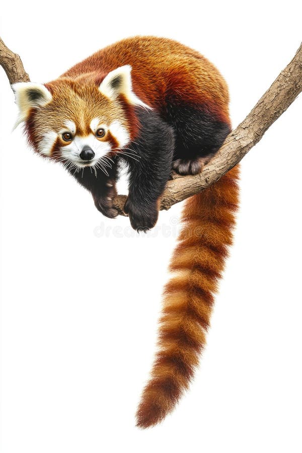 A Red Panda Climbing on a Tree Branch, Its Fluffy Tail Hanging Down ...