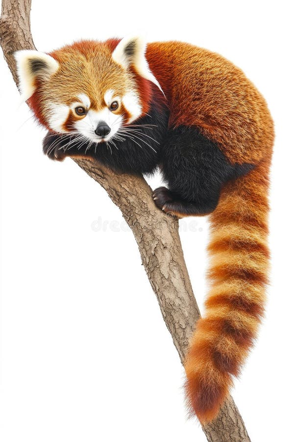 A Red Panda Climbing on a Tree Branch, Its Fluffy Tail Hanging Down ...
