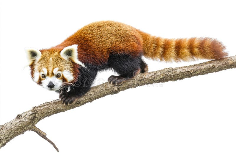 A Red Panda Climbing on a Tree Branch, Its Fluffy Tail Hanging Down ...