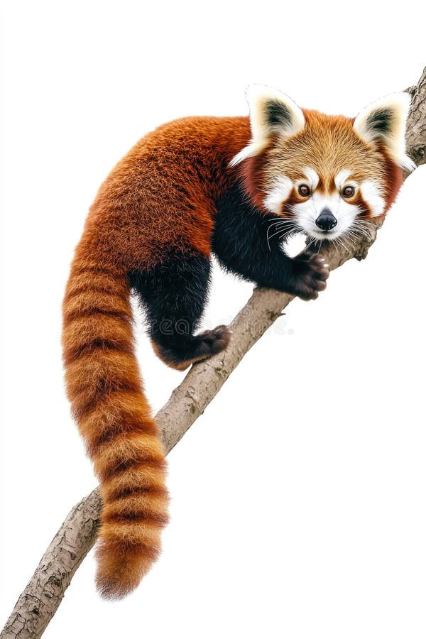 A Red Panda Climbing on a Tree Branch, Its Fluffy Tail Hanging Down ...