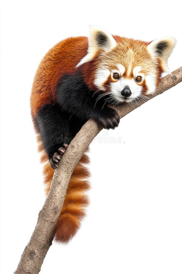 A Red Panda Climbing on a Tree Branch, Its Fluffy Tail Hanging Down ...