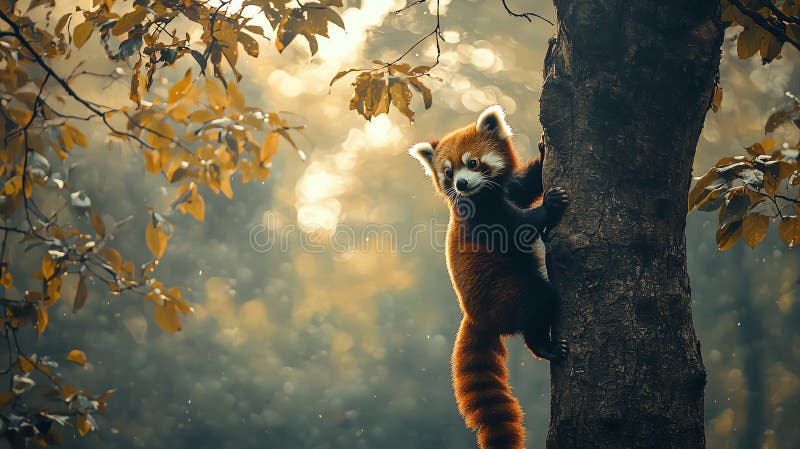 Red Panda Climbing a Tree in the Foggy Forests of Nepal Stock ...