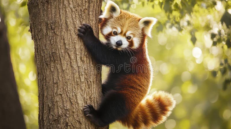 Red Panda Climbing a Tree: a Vibrant Image of a Red Panda Climbing a ...