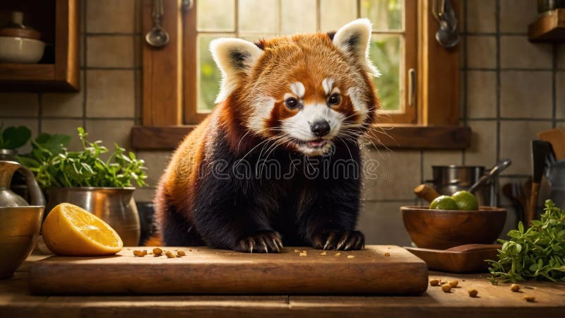 Adorable Red Panda in Rustic Kitchen Setting Stock Illustration ...
