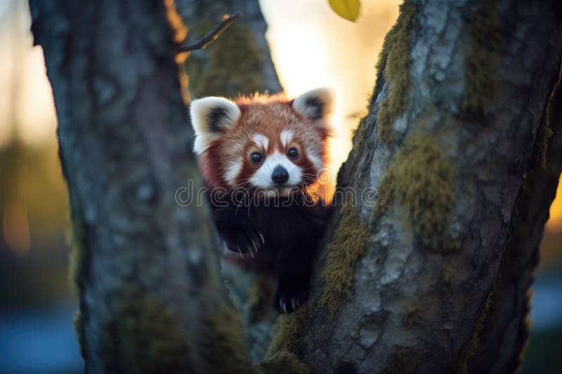 Red Panda in the Crook of a Tree during Sunset Stock Illustration ...