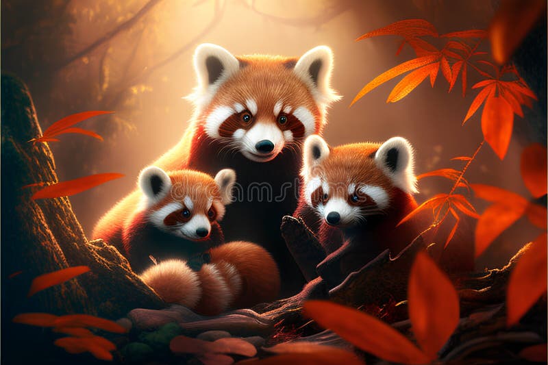 Red Panda Family in Autumn Forest. 3D Render Illustration Stock ...