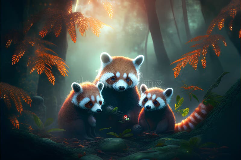 Red Panda Family in the Forest. 3d Render Illustration Stock ...