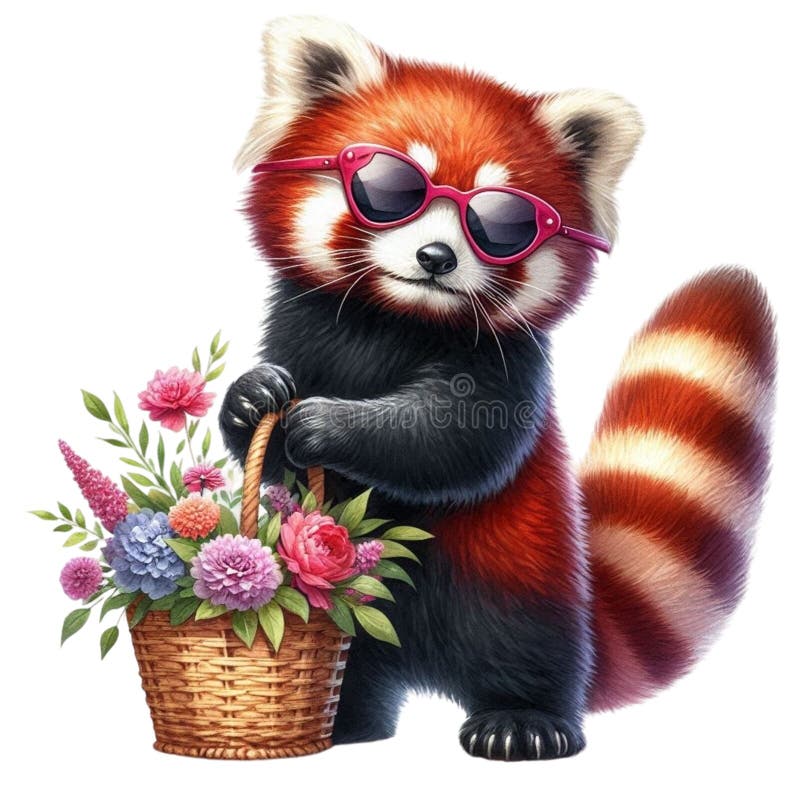Red Panda Holding a Flower Basket Clipart Watercolor Stock Vector ...