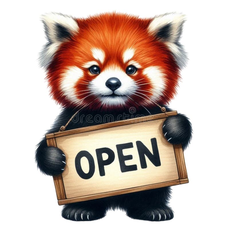 Red Panda Holding an Open Sign Clipart Watercolor Stock Illustration - Illustration of service ...