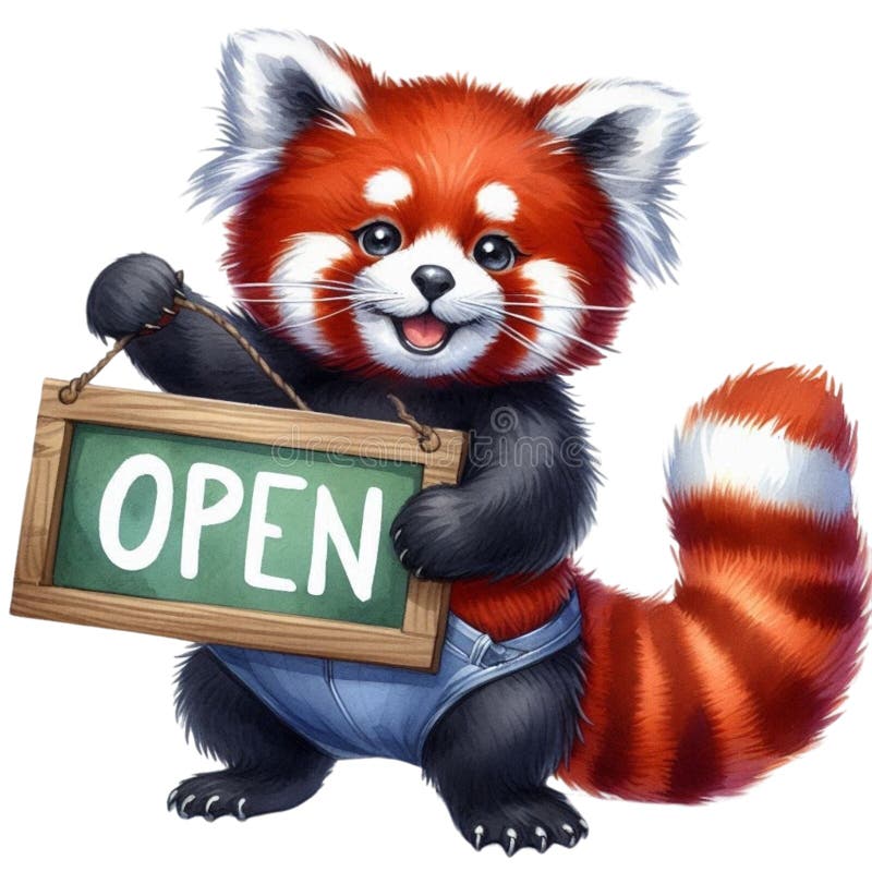 Red Panda Holding an Open Sign Clipart Watercolor Stock Vector ...