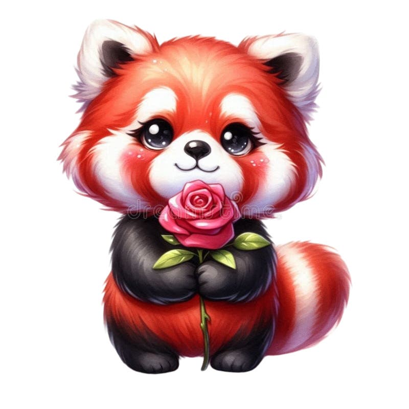 Red Panda Holding a Rose Clipart Watercolor Stock Illustration ...