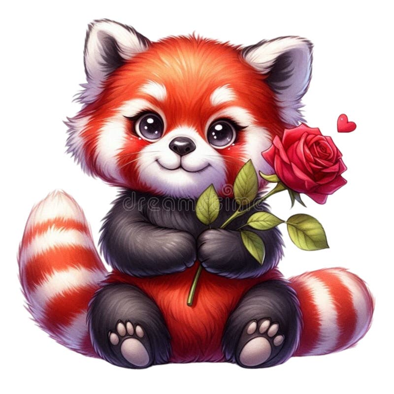 Red Panda Holding a Rose Clipart Watercolor Stock Vector - Illustration ...