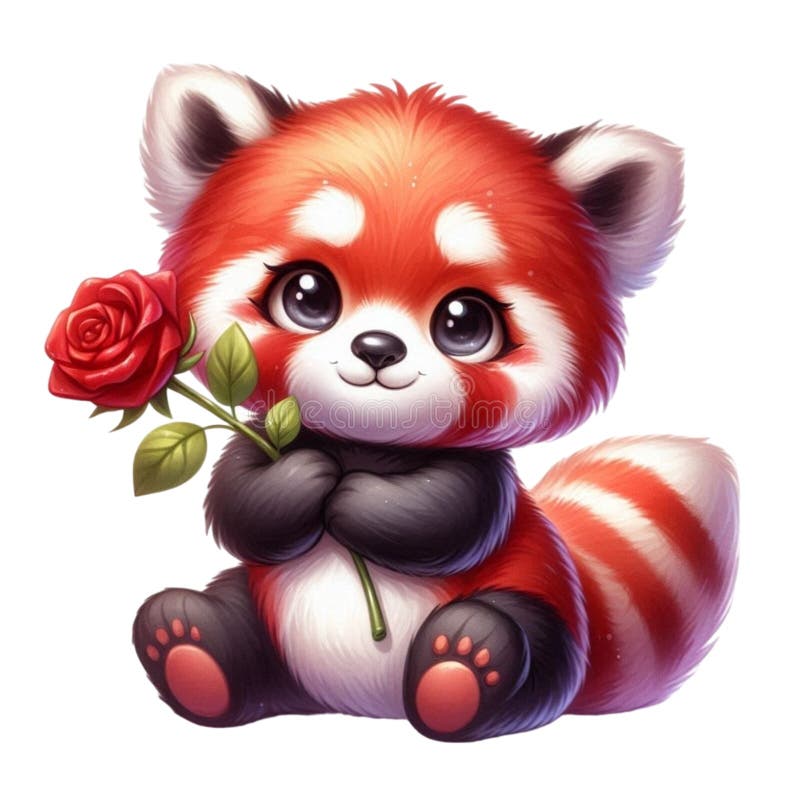 Red Panda Holding a Rose Clipart Watercolor Stock Vector - Illustration ...