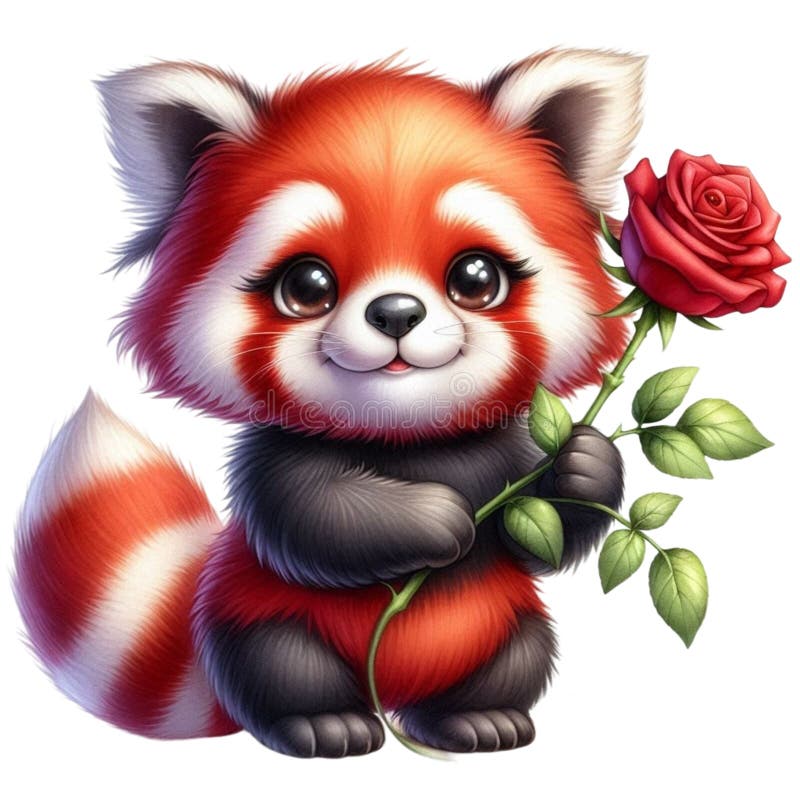 Red Panda Holding a Rose Clipart Watercolor Stock Vector - Illustration ...