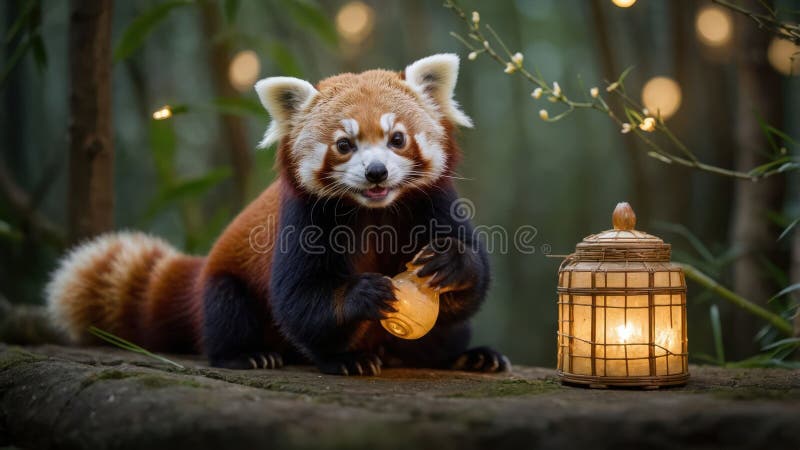 Adorable Red Panda Holding Glowing Orb Near Lantern in Dark Forest ...