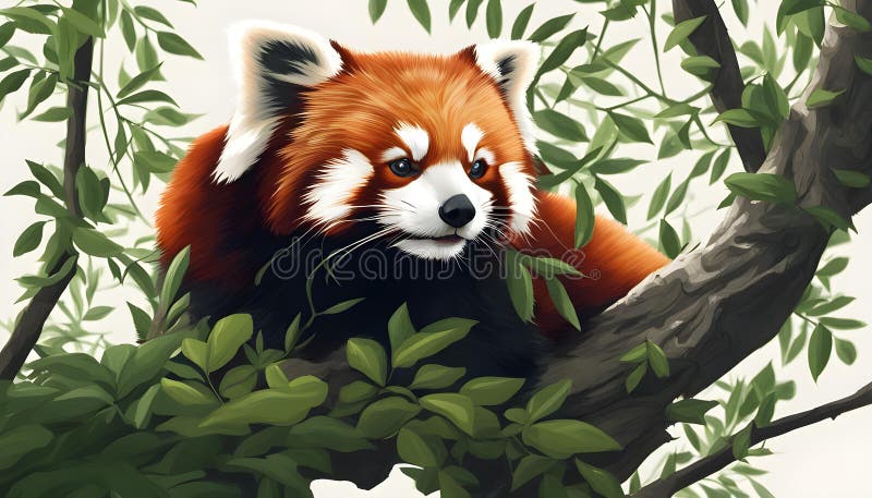 Red Panda Lying on the Tree with Green Leaves. Ailurus Fulgens Stock ...