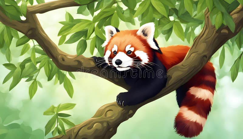 Red Panda Lying on the Tree with Green Leaves. Ailurus Fulgens Stock ...