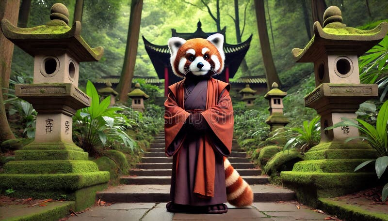 Red Panda Monk in a Forest Shrine Setting Stock Illustration ...