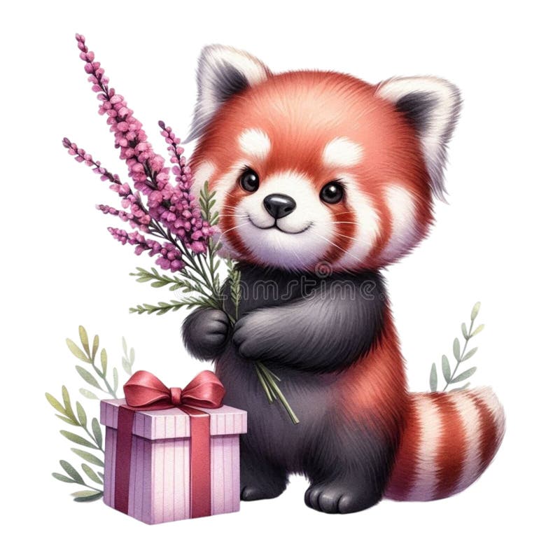 Red Panda and National Flower Clipart Watercolor Stock Illustration ...
