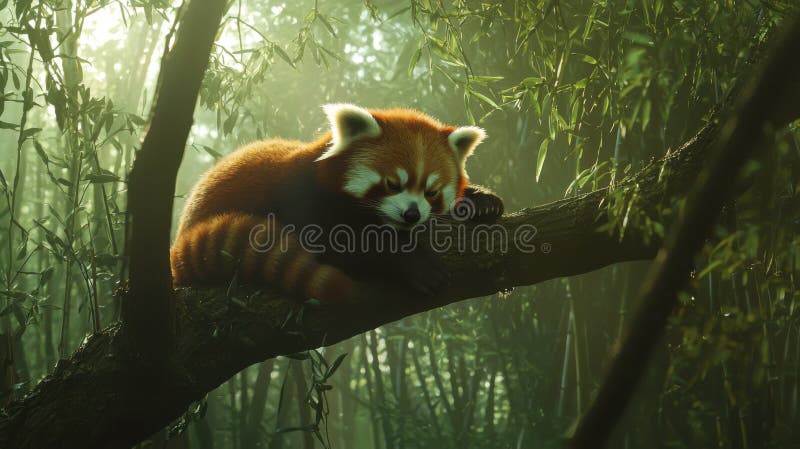 Red Panda Peacefully Sleeping on Tree Branch in Lush Bamboo Forest ...