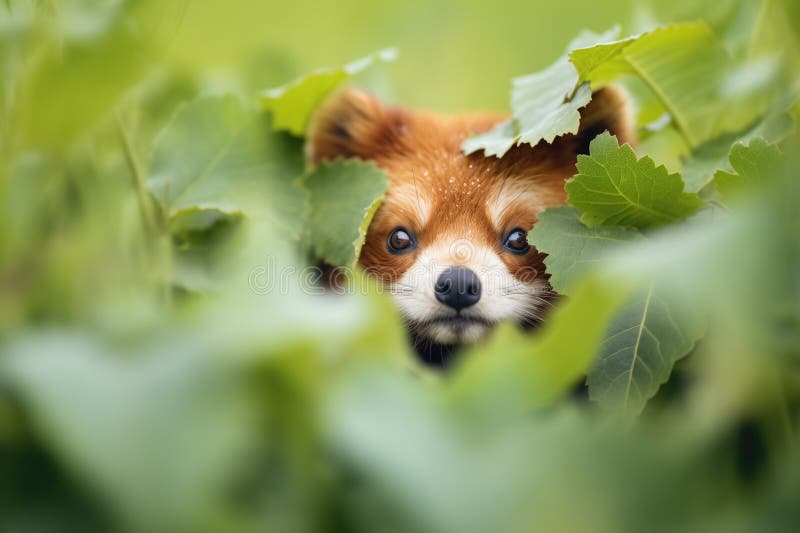 Red Panda Peeking from Behind Leaves Stock Image - Image of wildlife ...