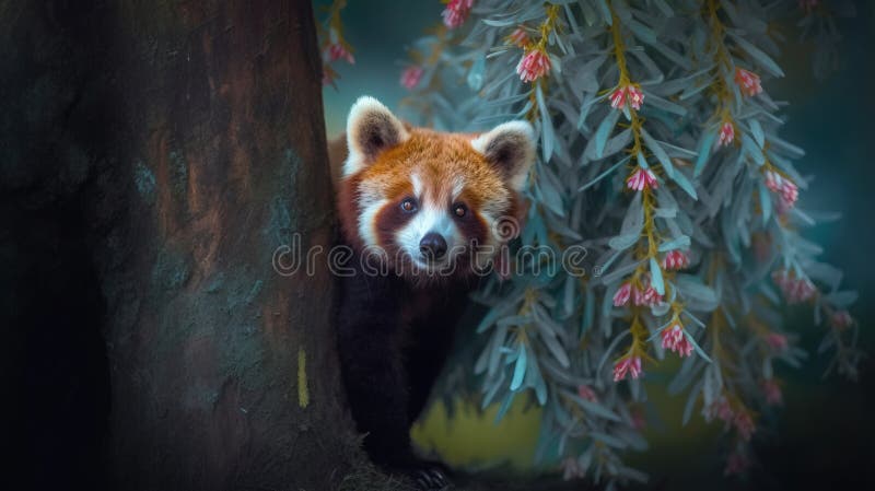 A Red Panda Peeking Out from Behind a Tree Branch with Pink Flowers ...