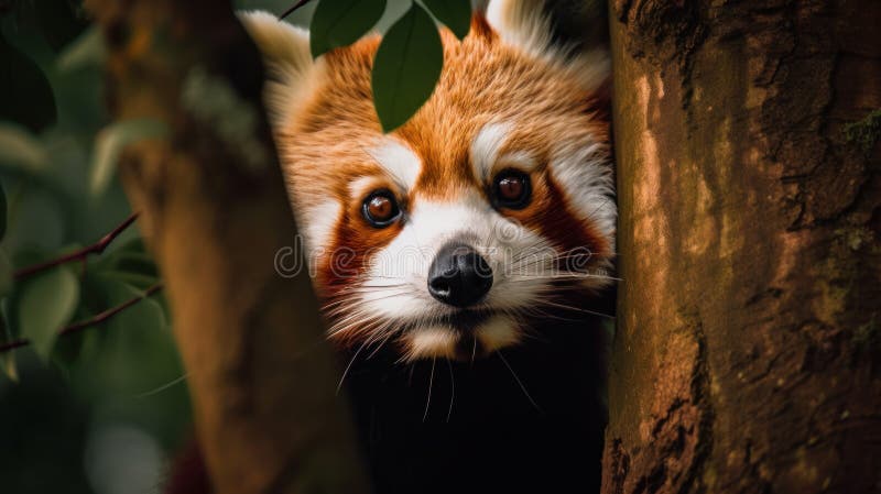 A Red Panda Peeks Out from Behind a Tree. Generative AI Image. Stock ...