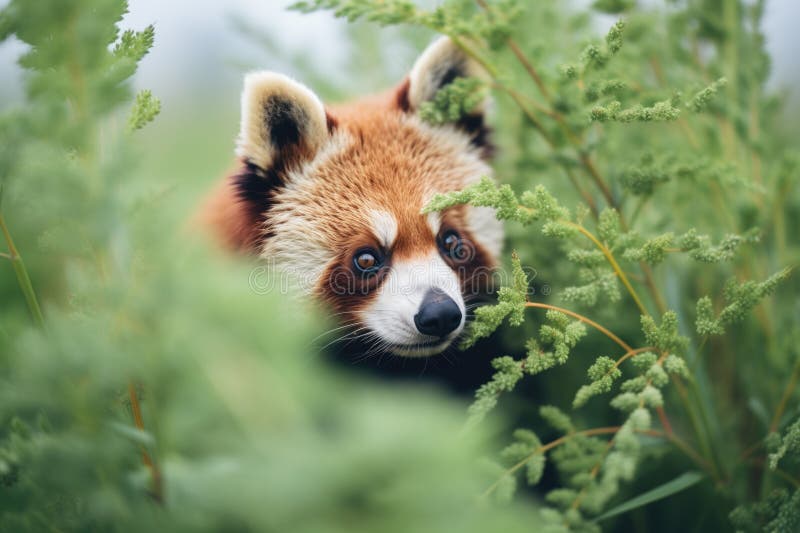 Red Panda Peering from Behind Foliage Stock Photo - Image of leaves ...