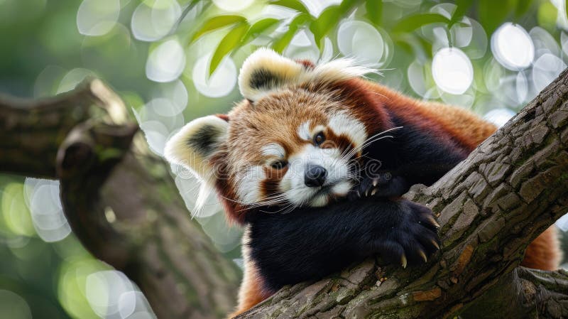 Red Panda Perched on a Tree Branch with Sunlight Stock Illustration ...
