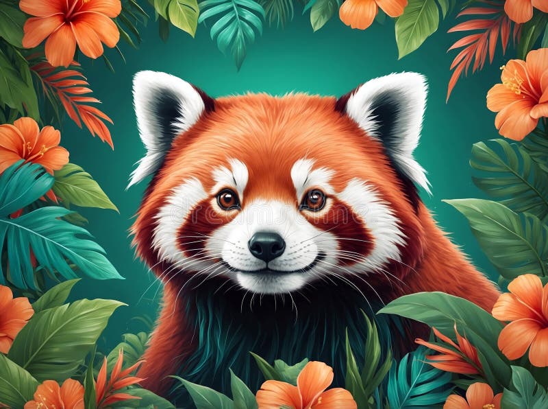 Red Panda Posing with Tropical Flowers and Plants. Ai Generated Stock ...