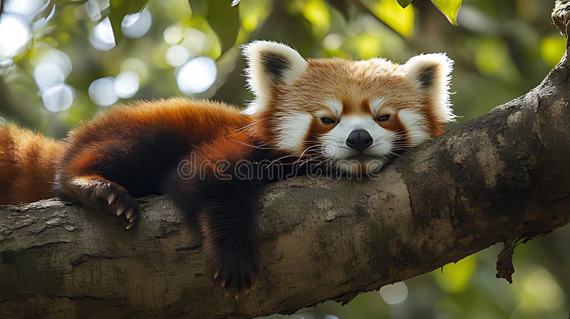 Red Panda Relaxing on a Tree Branch, Looking Sleepy and Peaceful in ...