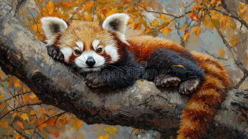 Red Panda Resting on a Branch in Autumn Leaves Stock Illustration ...