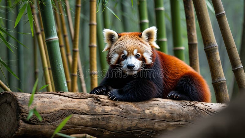 Red Panda Resting on Large Log in Bamboo-lined Habitat Stock ...