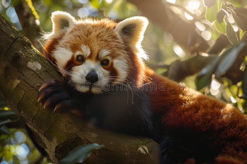 Red Panda Resting on a Tree Branch in the Sunlight Stock Photo - Image ...