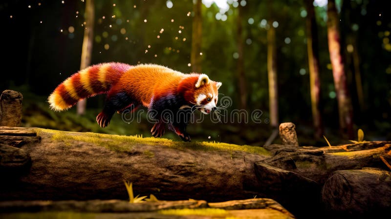 Red Panda Running Across Log in Forest with Trees in the Background ...