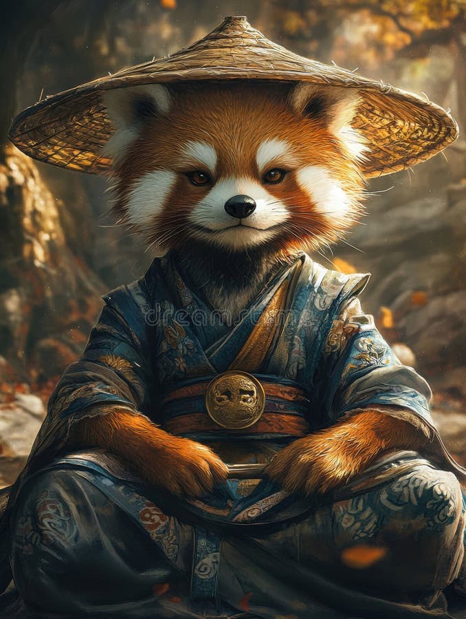 Red Panda Samurai in Traditional Robes with Straw Hat in Mystical ...