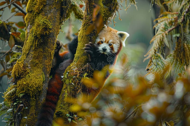 A Red Panda is Scaling a Tree Covered in Moss in a Forest Setting Stock ...
