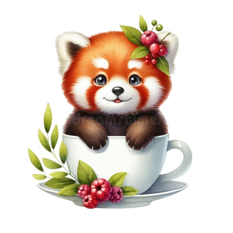 Red Panda Sitting in a Coffee Cup Clipart Watercolor Stock Vector ...