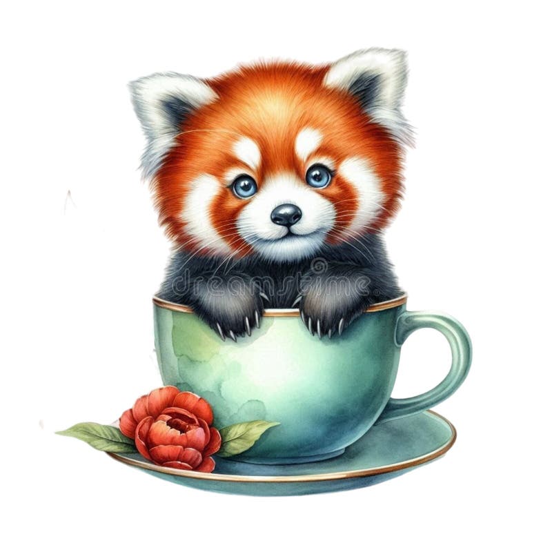 Red Panda Sitting in a Coffee Cup Clipart Watercolor Stock Vector ...