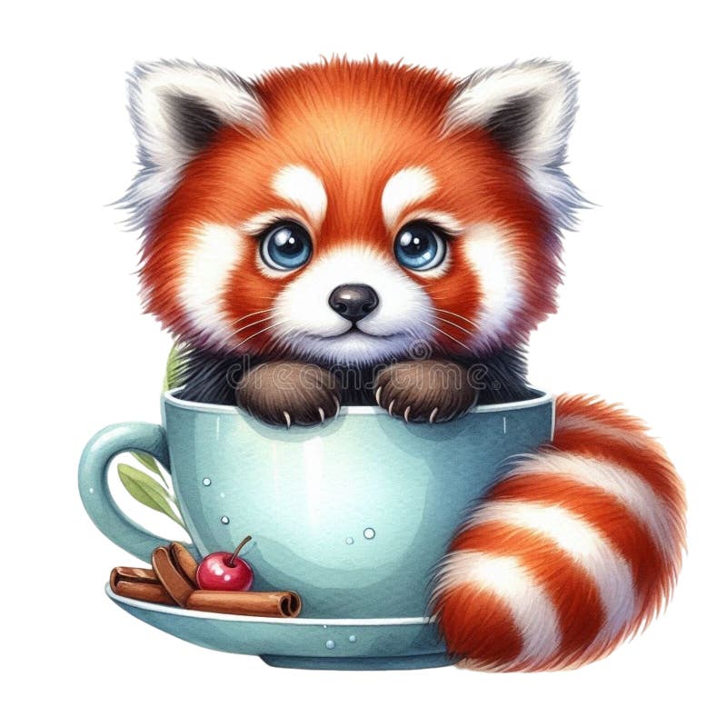 Red Panda Sitting in a Coffee Cup Clipart Watercolor Stock Vector ...