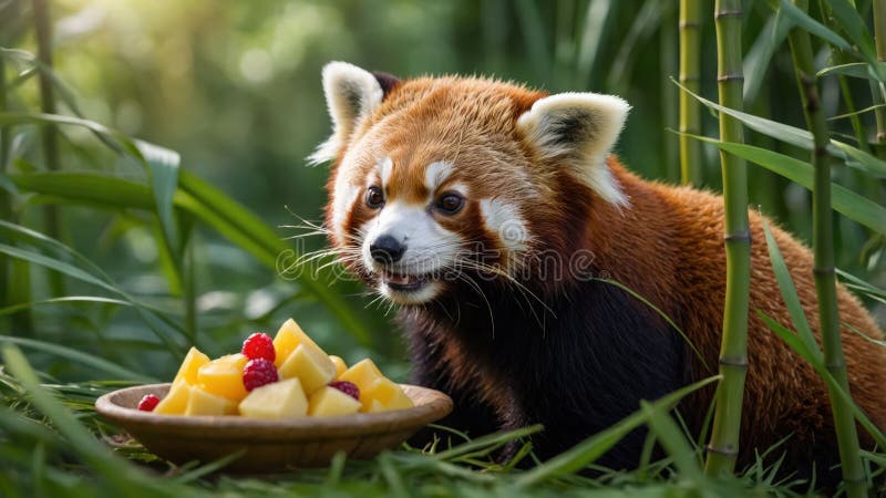Adorable Red Panda Enjoying a Delicious Fruit Salad in Lush Bamboo ...