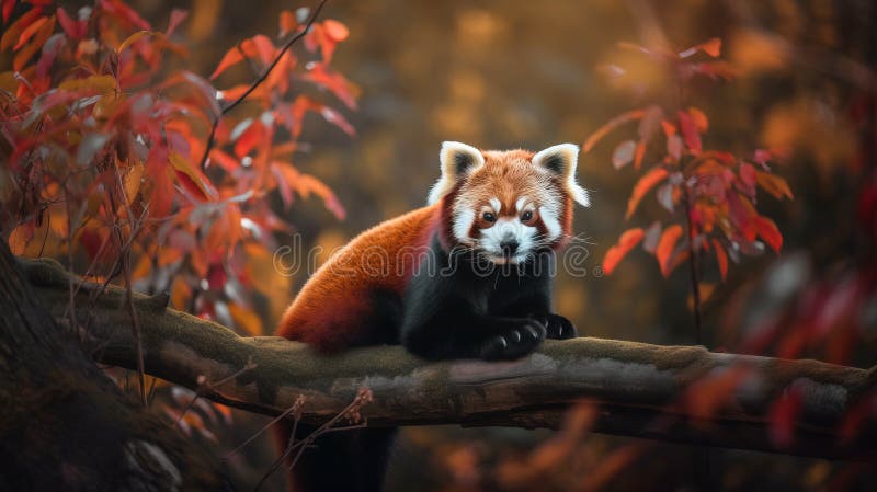 A Red Panda Sitting on a Tree Branch in a Forest Stock Illustration ...