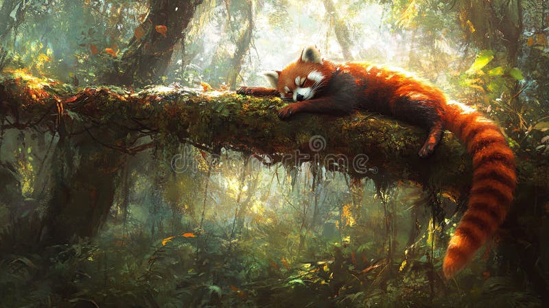 Red Panda Sleeping Rainforest Branch Sunlit Jungle Nature Stock Photo ...