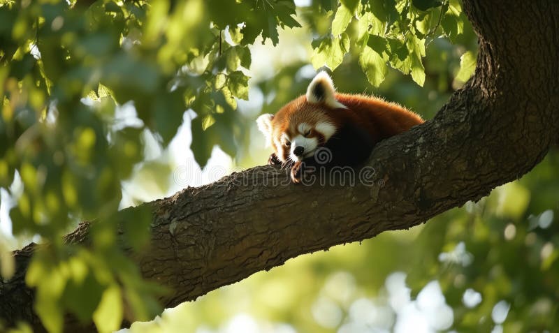 Red Panda Sleeping on Tree Branch, Surrounded by Green Leaves Stock ...