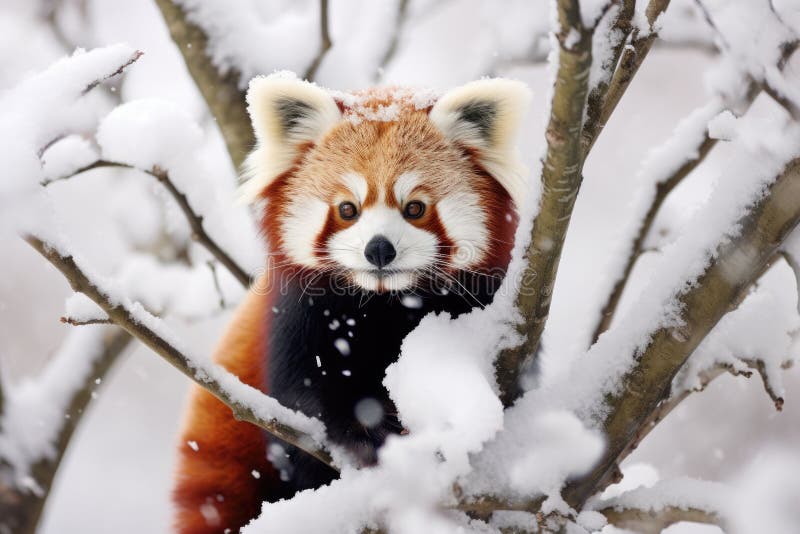 Red Panda in Snow Covered Tree Stock Illustration - Illustration of ...