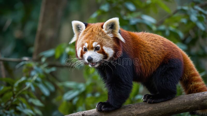 A Red Panda Standing on a Branch Surrounded by Greenery in a Natural ...