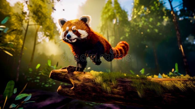 Red Panda Standing on Top of Tree Branch in Forest Filled with Trees ...
